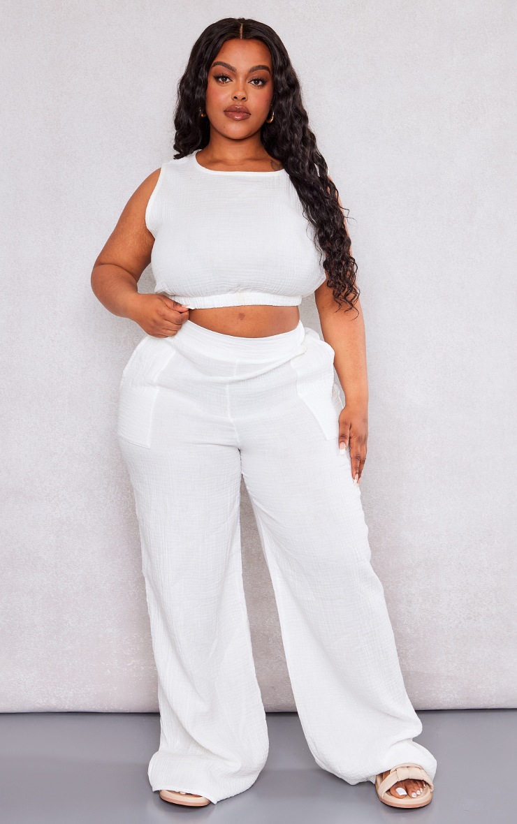 Plus White Textured Linen Look Elasticated Hem Top | Plus Size ...