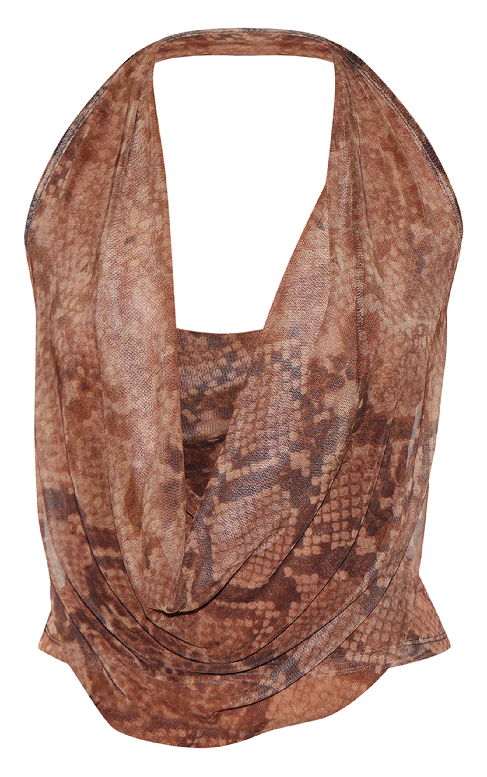 Brown Mesh Snake Printed Halter Neck Top | Tops | PLT