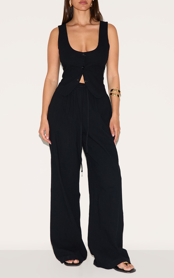Black Linen Tailored Draw String Wide Leg Pant | Co-ords | PLT USA