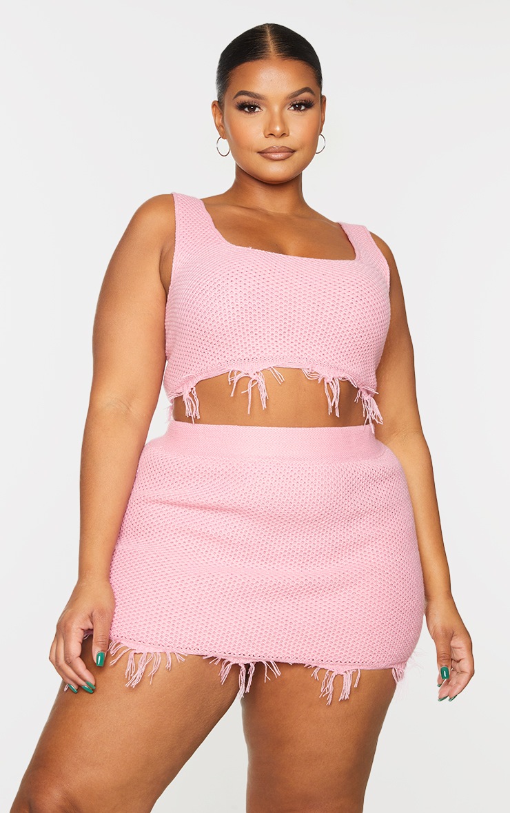 Plus Pink Raw Hem Knit Skirt | Plus Size | PrettyLittleThing USA