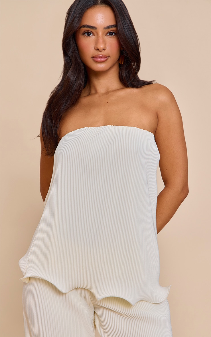 Petite Cream Plisse Frilled Edge Bandeau Top | Petite | PLT USA