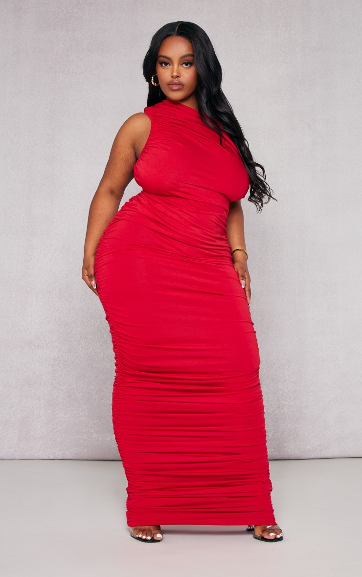 Plus Red Slinky Ruched One Shoulder Maxi Dress | PrettyLittleThing USA