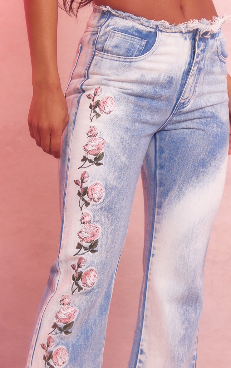 Vintage Bleach Wash Flower Embroidered Jeans | PrettyLittleThing KSA