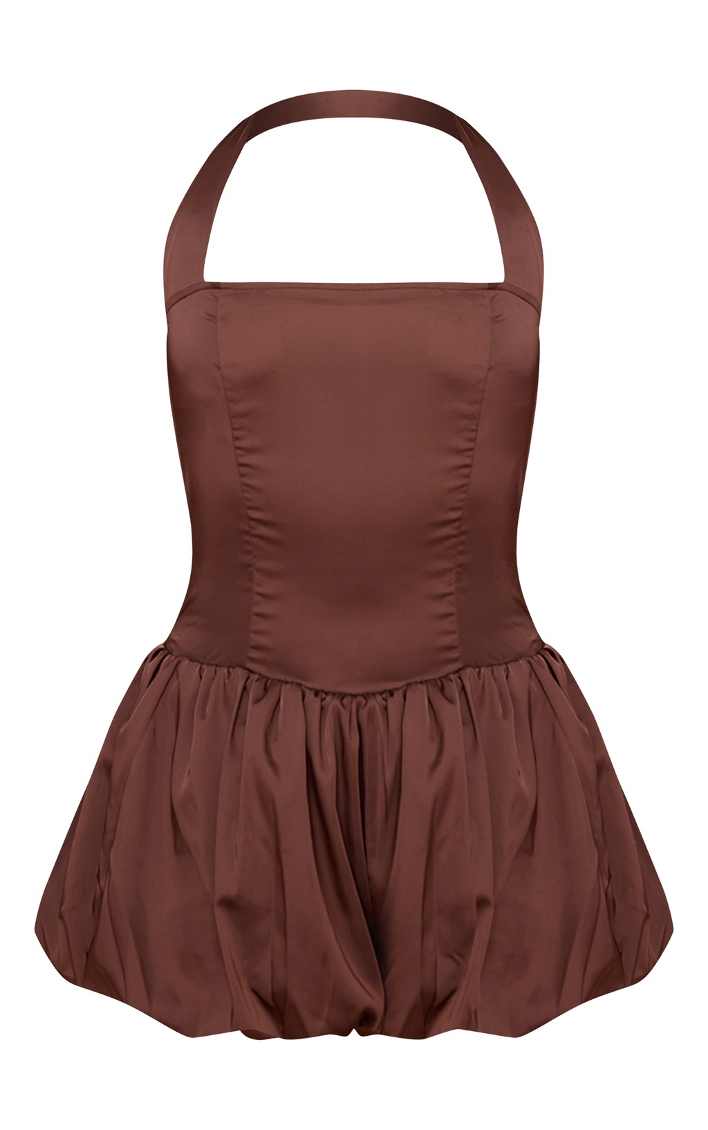 Chocolate Satin Halter Neck Puffball Playsuit | Dresses | PLT
