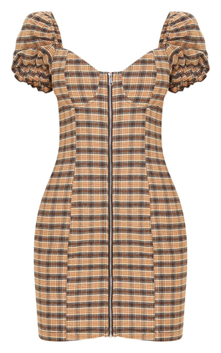 Robe droite beige carreaux à zip et manches ballon | PrettyLittleThing FR