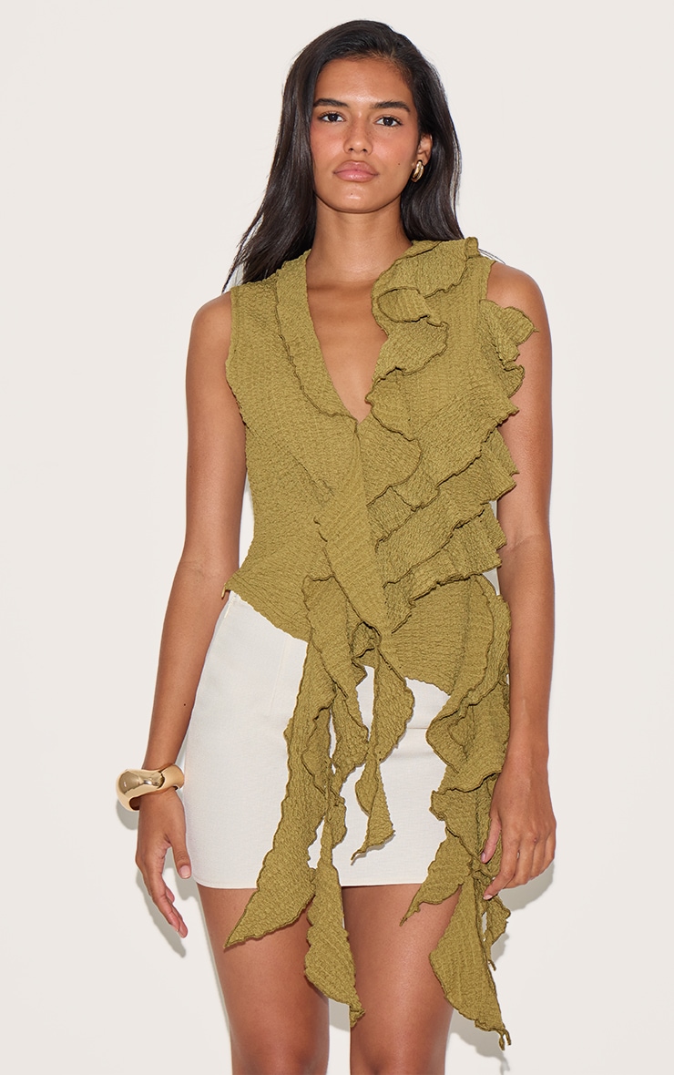 Olive Textured Ruffle Asymmetric Long Top | Tops | PLT
