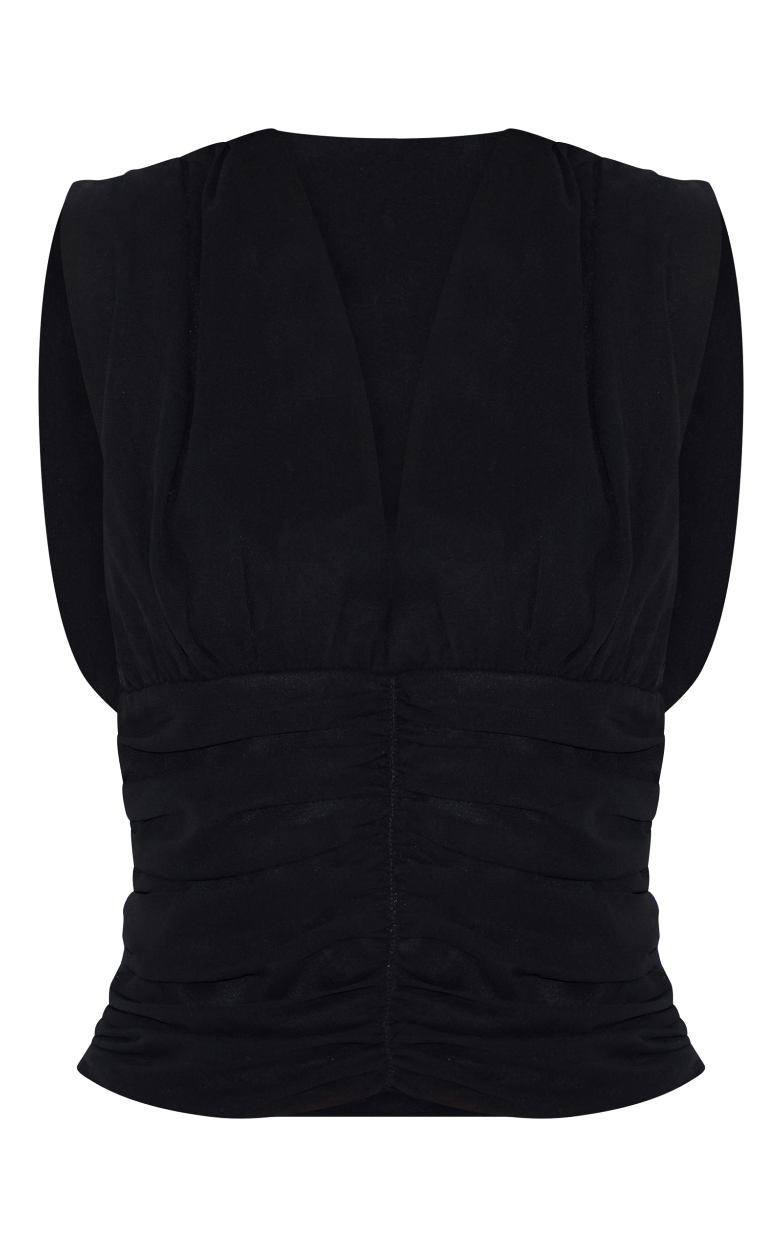 Black Chiffon Plunge Ruched Bodice Top | Tops | PLT