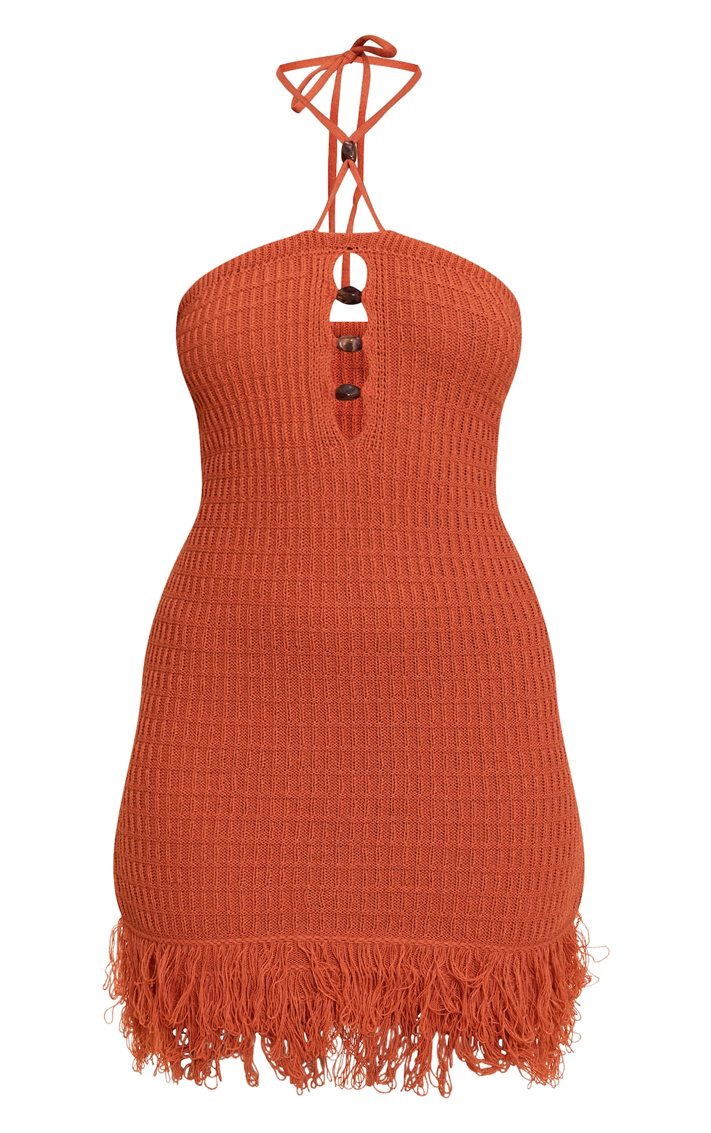 Rust Knitted Halterneck Bead Fringe Mini Dress | Knitwear | PLT