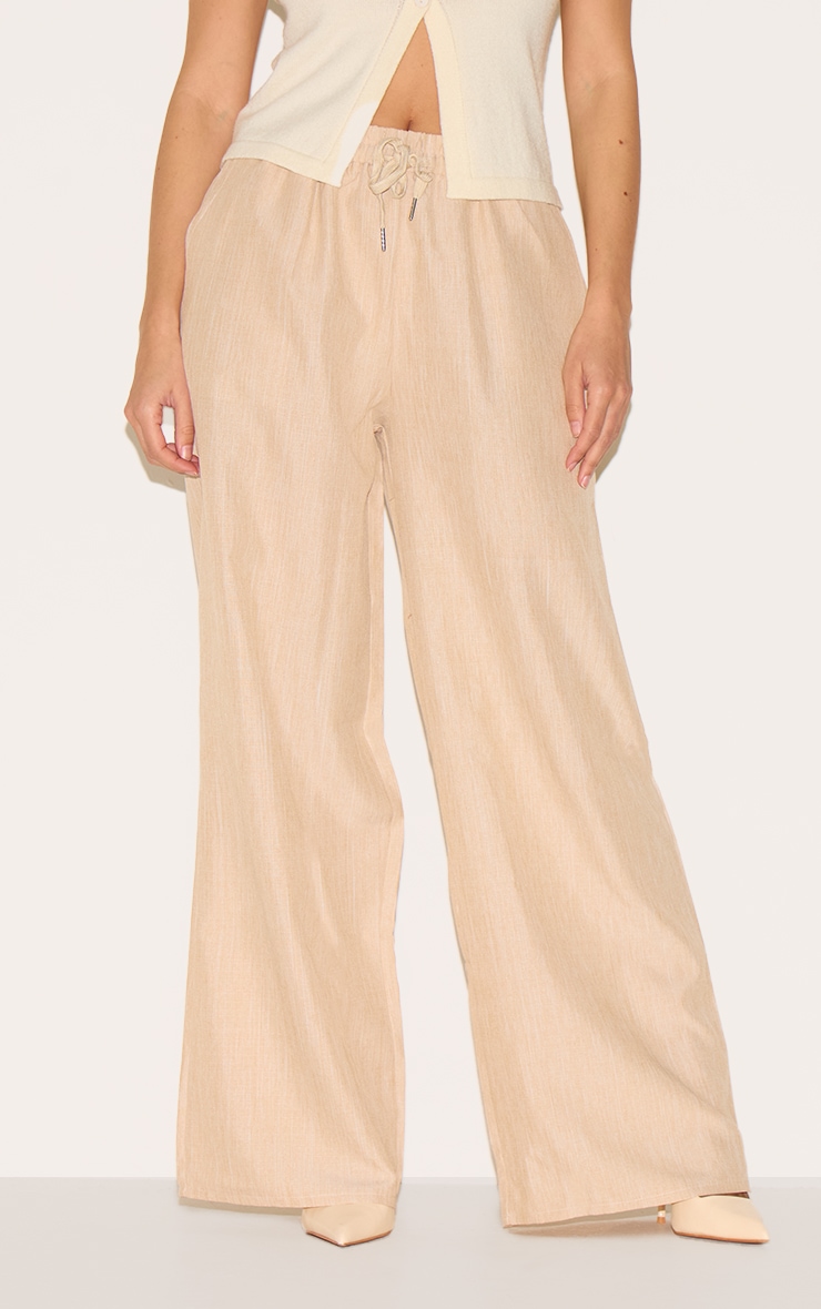 Oatmeal Marl Linen Wide Leg Drawstring Trousers | Bottoms | PLT