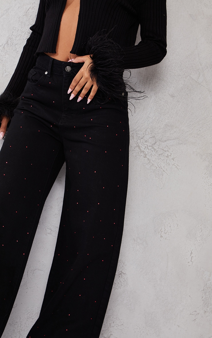 Petite Jean large noir à strass | PrettyLittleThing FR