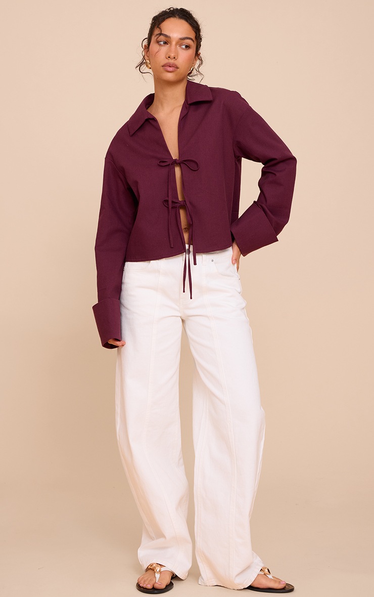 Plum Tie Front Linen Look Collar Blazer | Tops | PrettyLittleThing USA