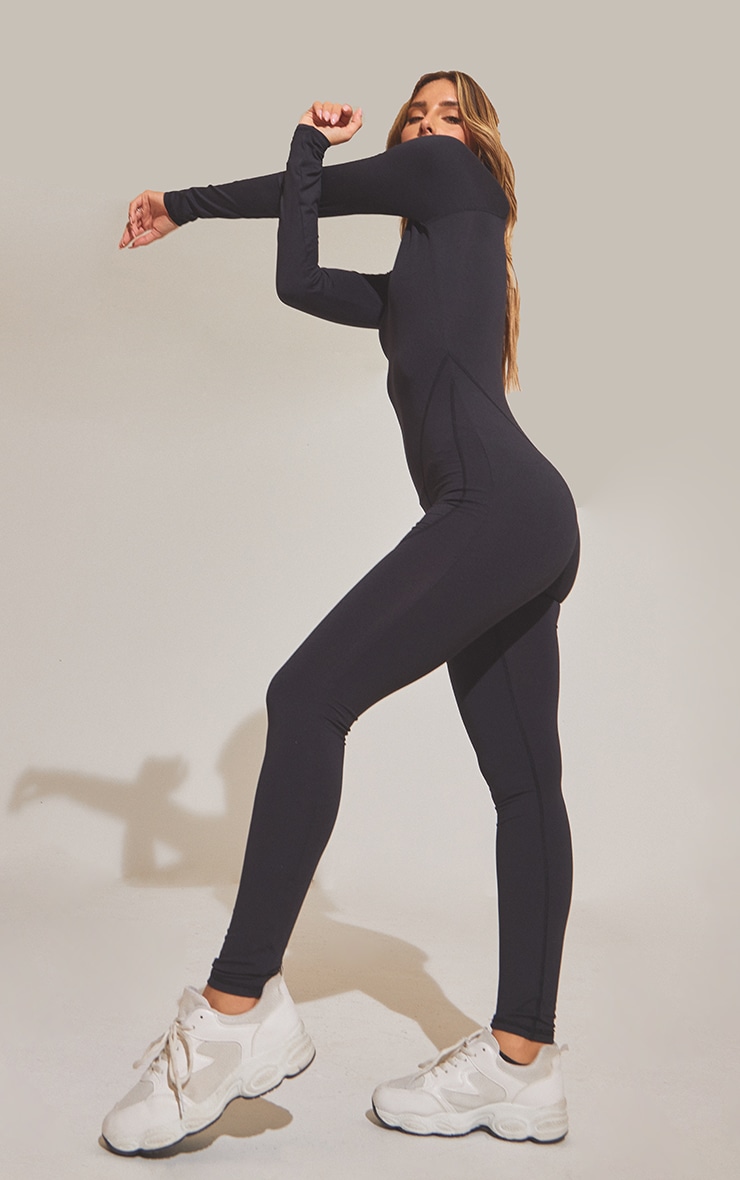 Plt Black Sport Sculpt Panel Detail Unitard | PrettyLittleThing USA