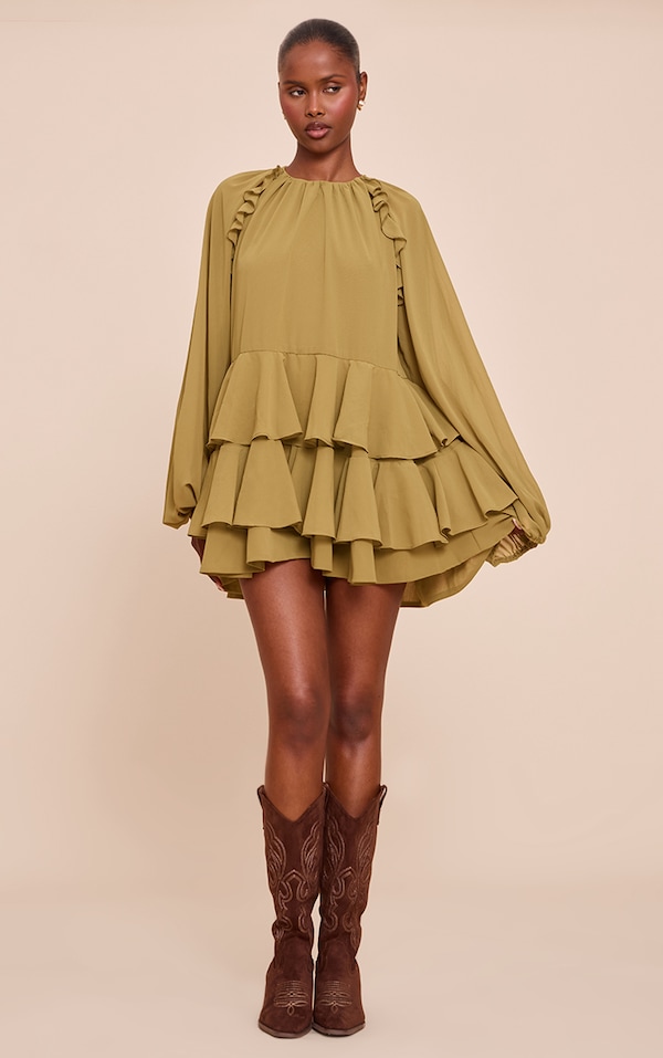 Olive Chiffon Frill Detail Shift Playsuit | Dresses | PLT