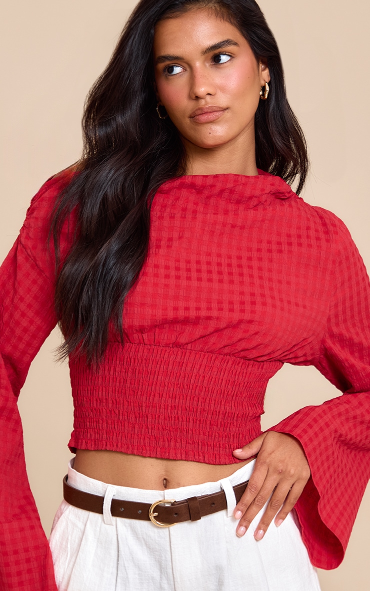 Red Asymmetric Ruched Detail Top | Tops | PLT