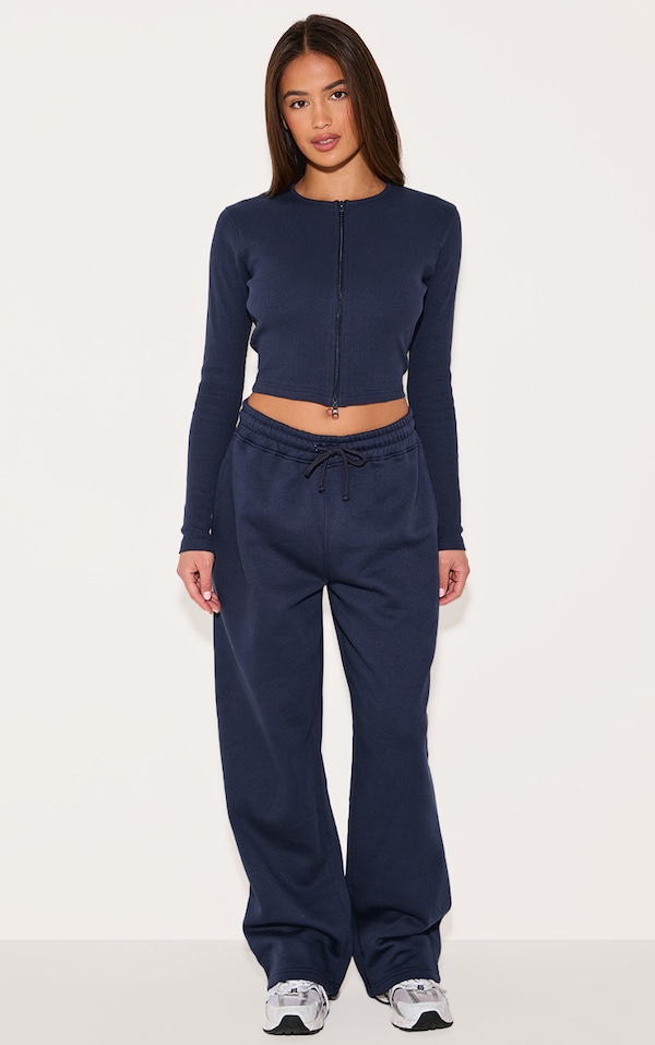 Navy Rib Double Zip Top | Athleisure | PLT