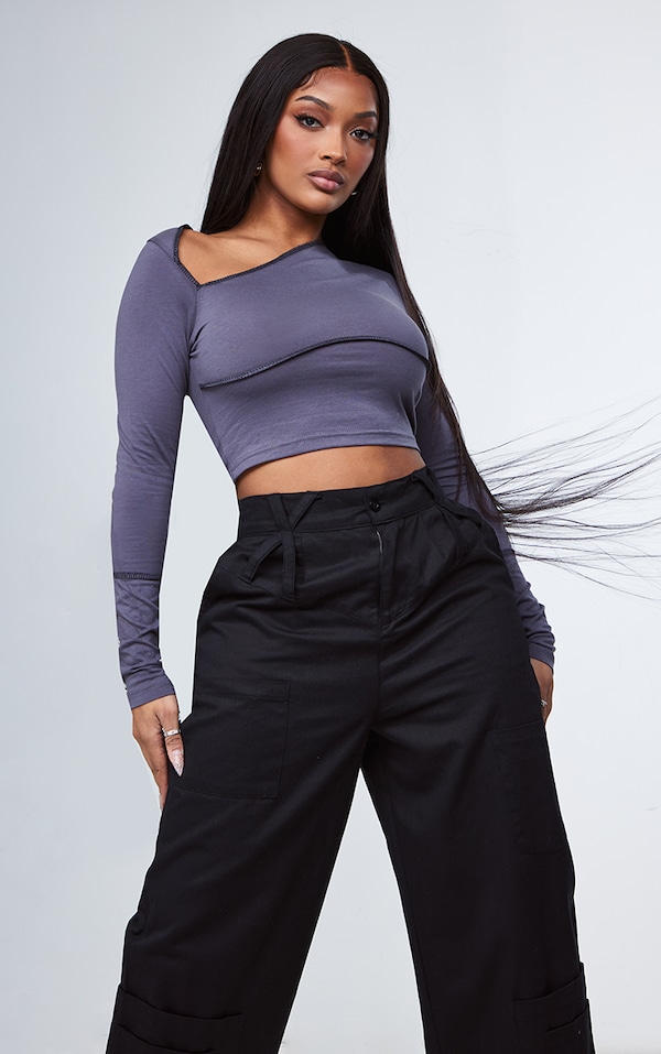 Shape Charcoal Constrast Stitch Asymmetric Neck Crop Top | Shape ...