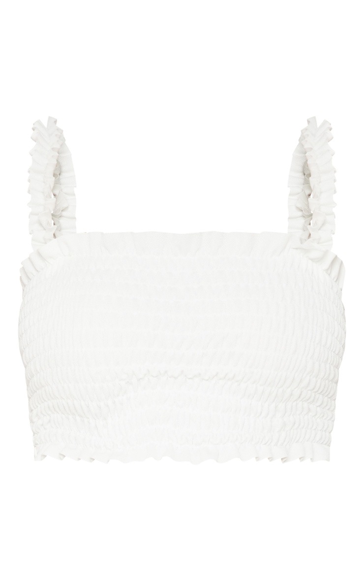 White Shirred Frill Crop Top | Tops | PrettyLittleThing