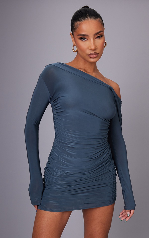 Charcoal Slinky One Shoulder Bodycon Dress | PrettyLittleThing AUS