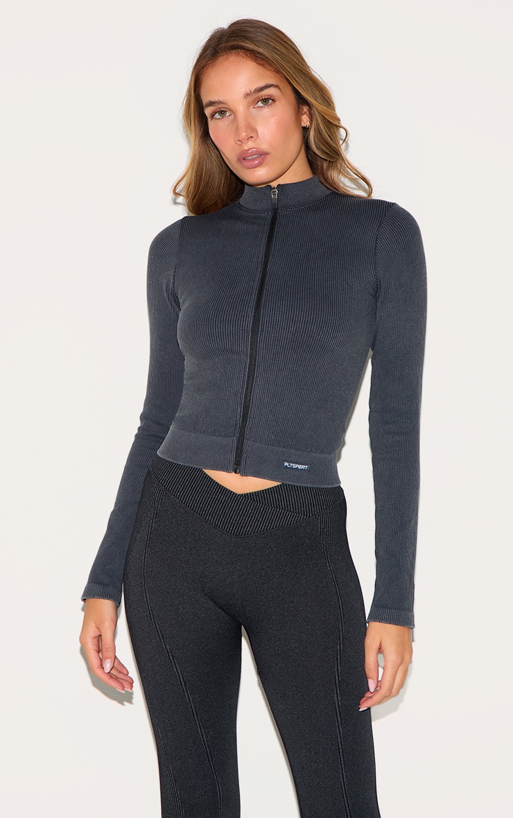 Charcoal Acid Wash Seamless Rib Crop Sports Jacket | Activewear ...