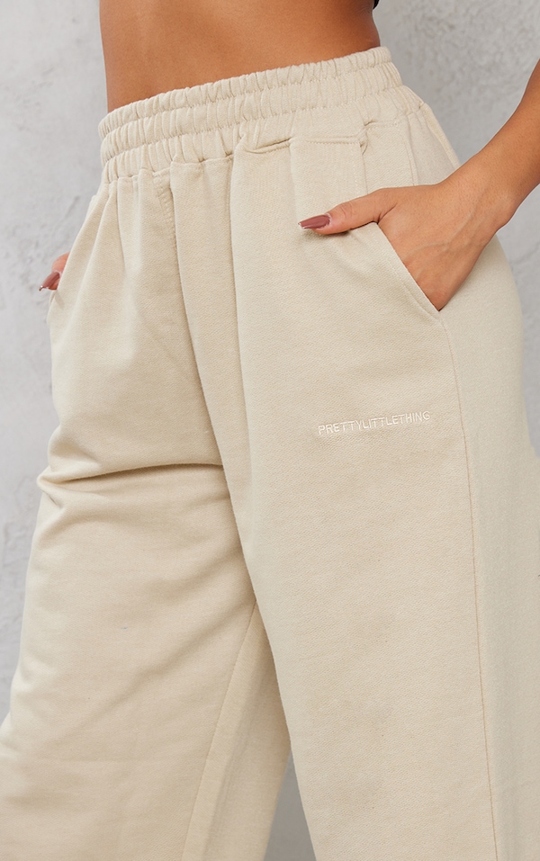 Plt Oatmeal Embroidered Wide Leg Track Pants | PrettyLittleThing AUS