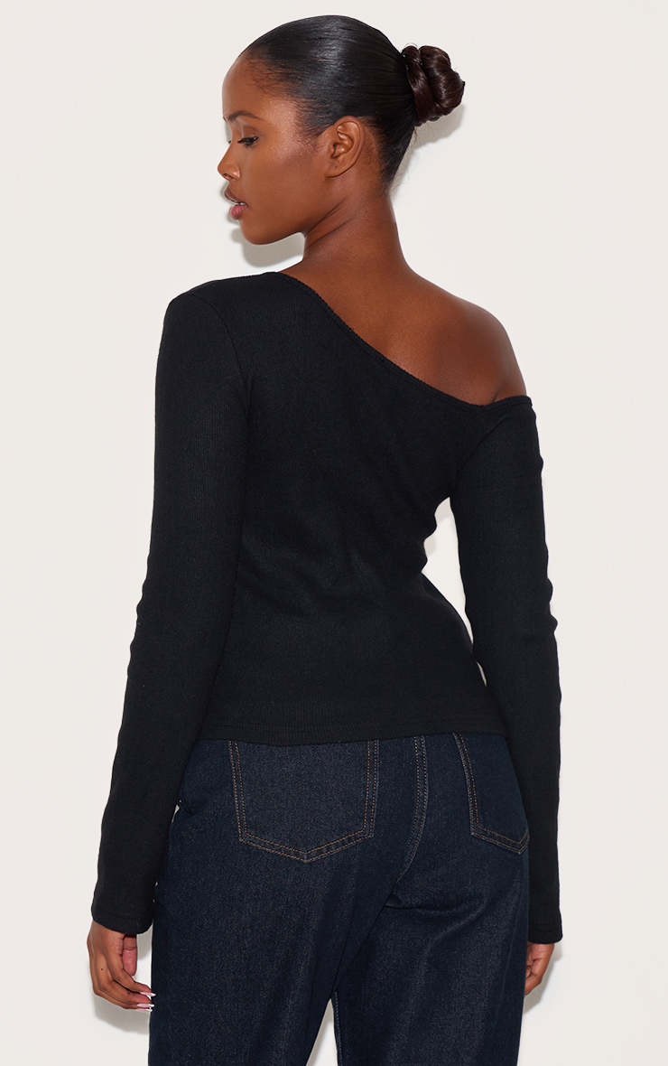Black Rib Button Detail Asymmetric Long Sleeve Top | Tops | PLT