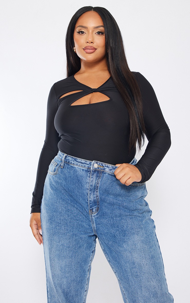 Plus Black Slinky Cut Out Bodysuit | PrettyLittleThing