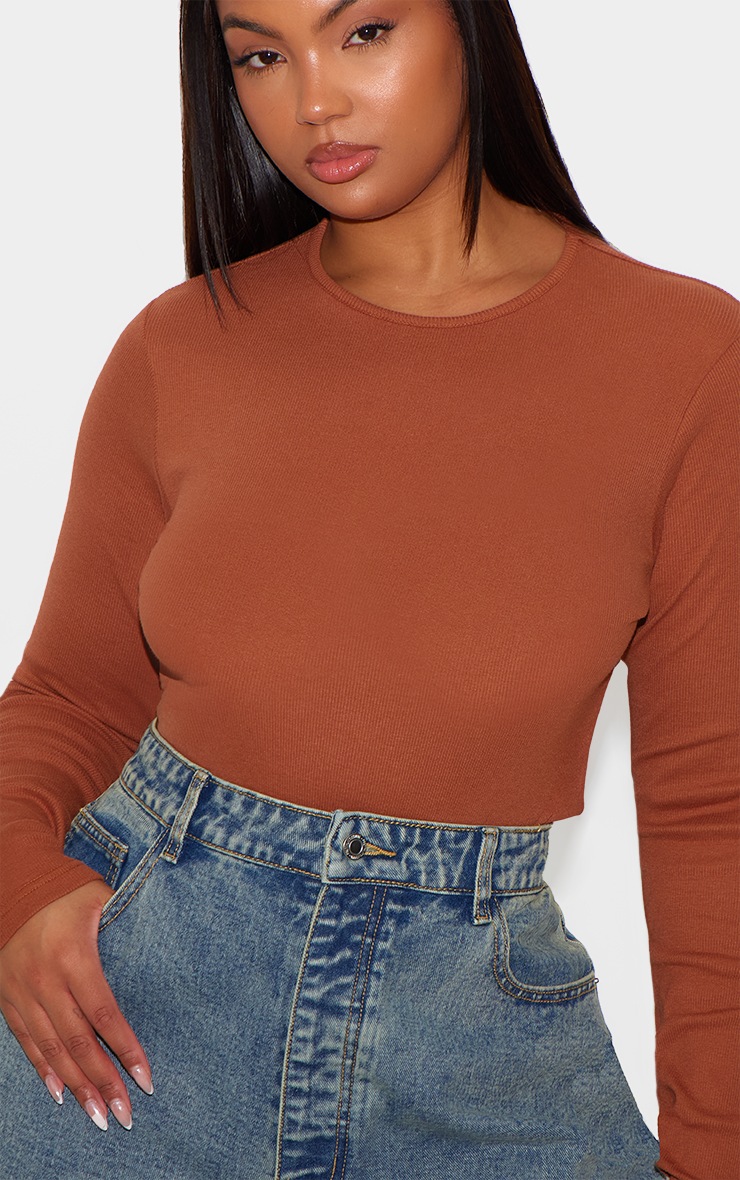 Plus Rust Basic Rib Long Sleeve Bodysuit | Plus Size | PrettyLittleThing