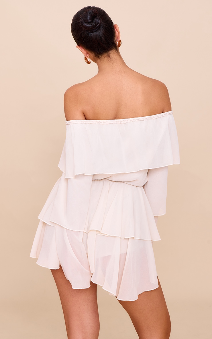 Cream Chiffon Ruffle Detail Long Sleeve Playsuit | Dresses | PLT
