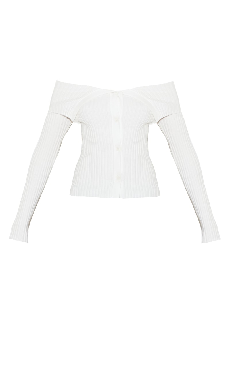 Cream Rib Knit Fold Over Button Up Top | Knitwear | PrettyLittleThing USA