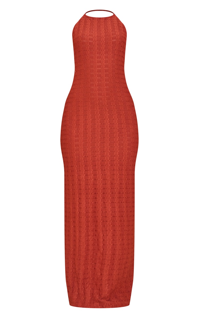 Rust Textured Halterneck Tie Low Back Maxi Dress | Dresses | PLT USA
