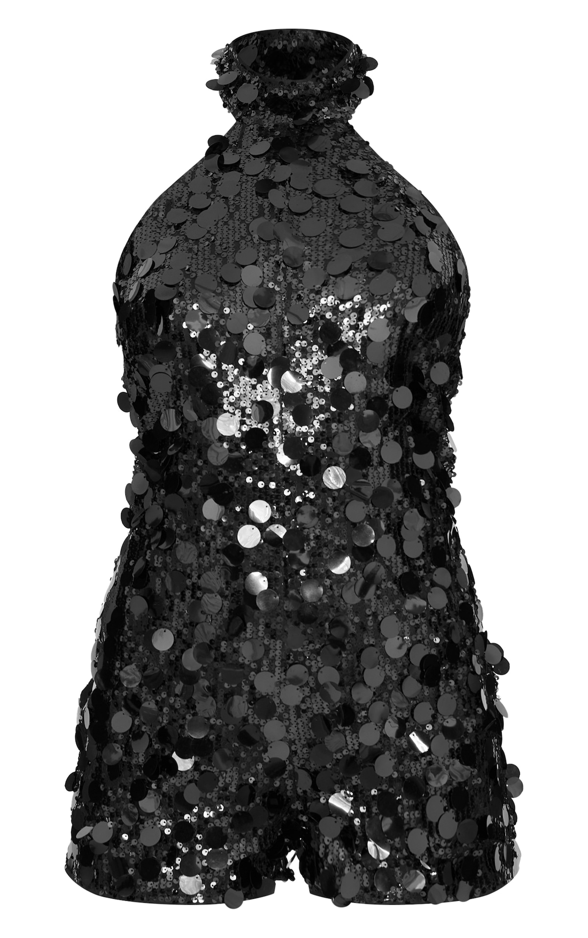 Black Oversized Sequin High Neck Backless Playsuit | Dresses | PLT