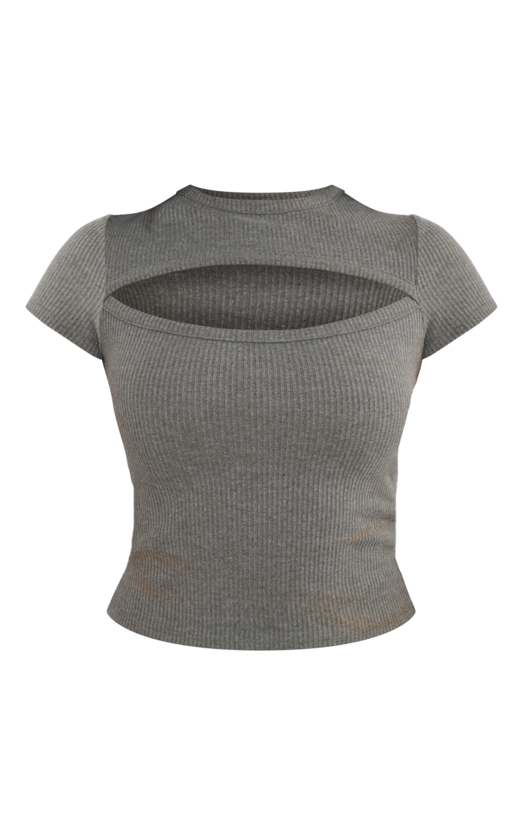 Grey Rib Cut Out Front Short Sleeve Top | PrettyLittleThing