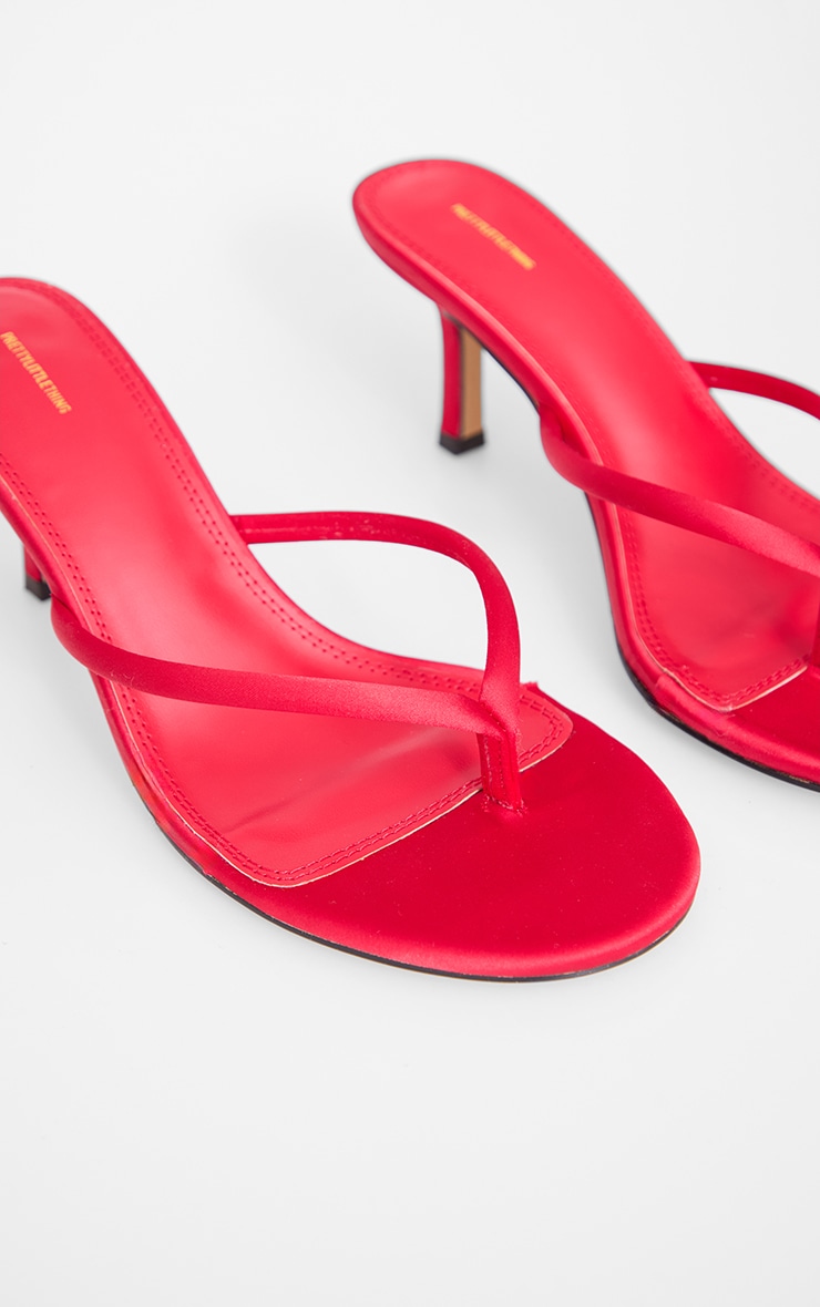 Red Satin Toe Thong Round Toe Mid Heeled Mules | Footwear | PLT