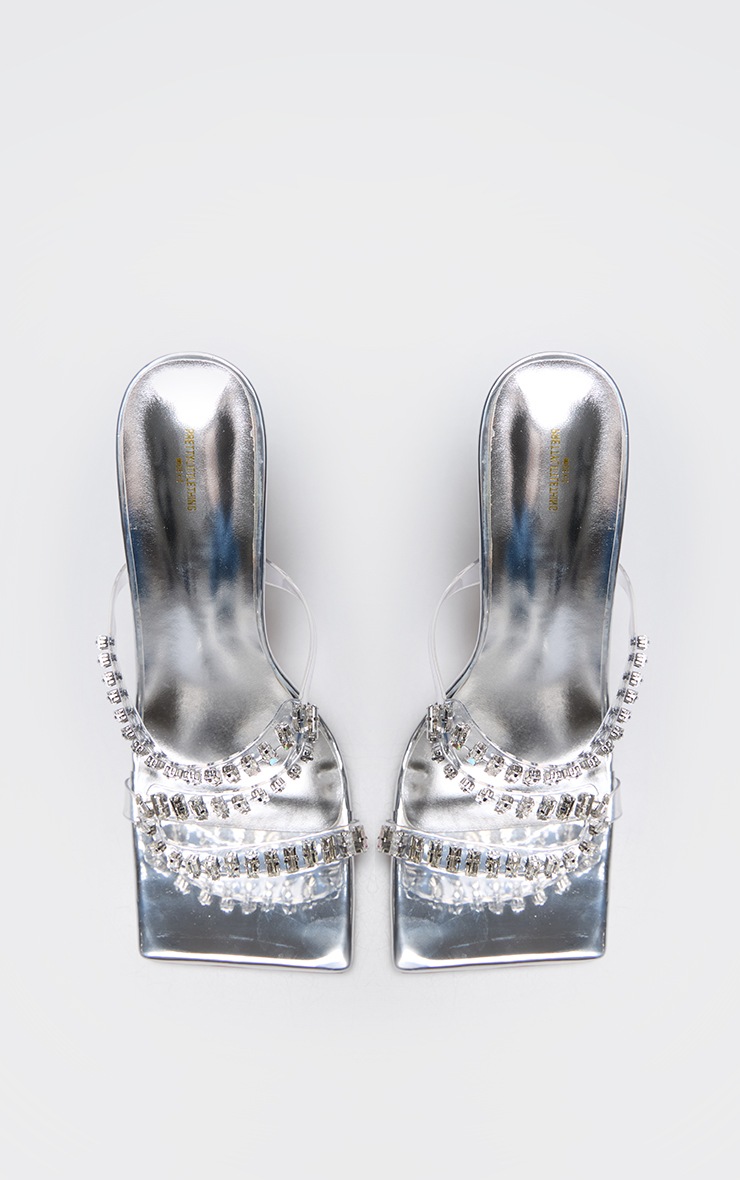Silver Wide Fit Metallic Diamante Strap Heel Mules | Footwear ...