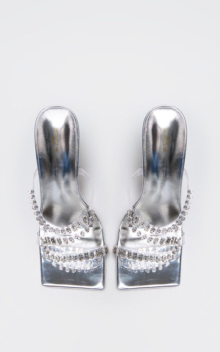 Silver Wide Fit Metallic Diamante Strap Heel Mules | Footwear ...
