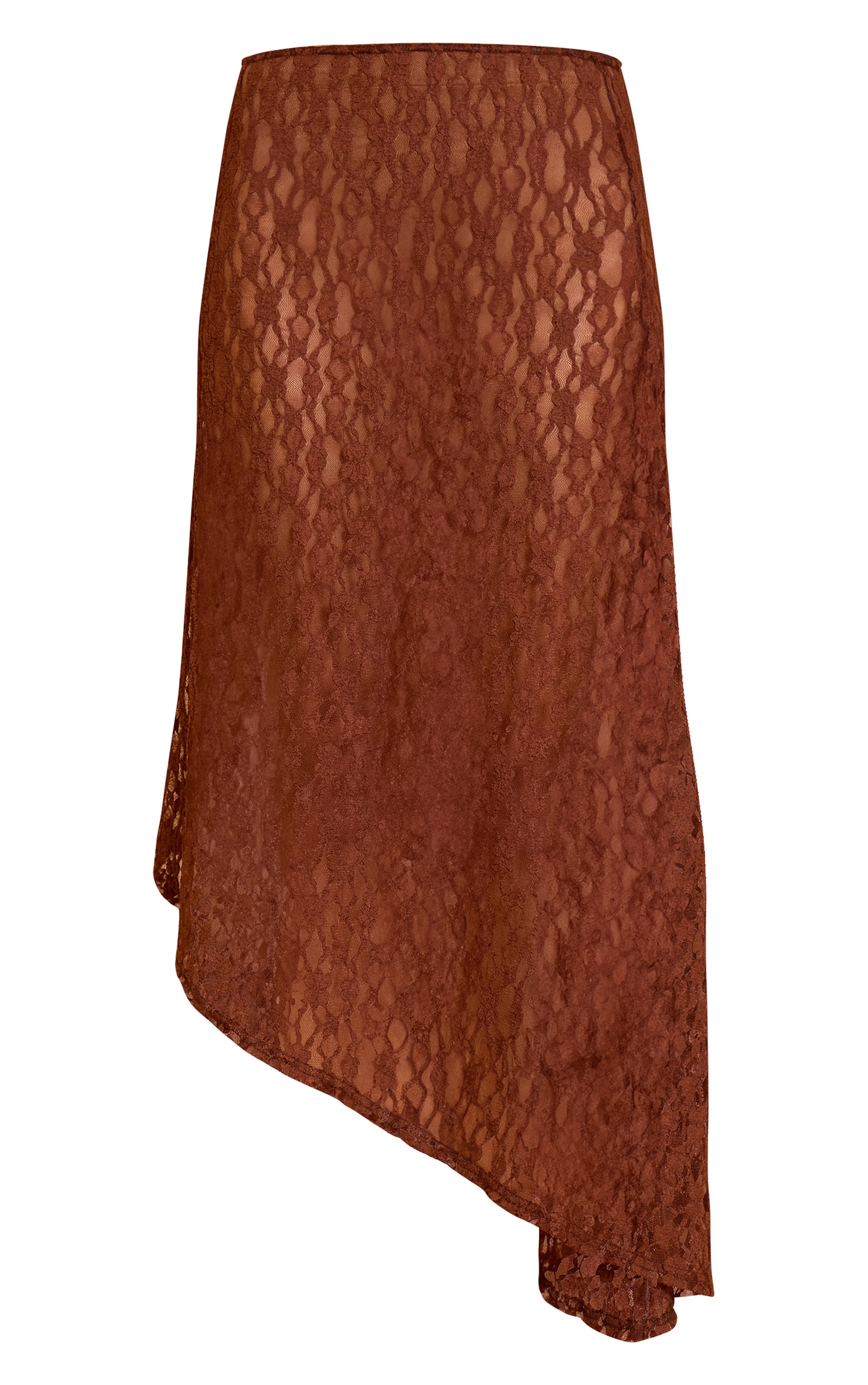 Brown Asymmetric Lace Midaxi Skirt | Bottoms | PLT