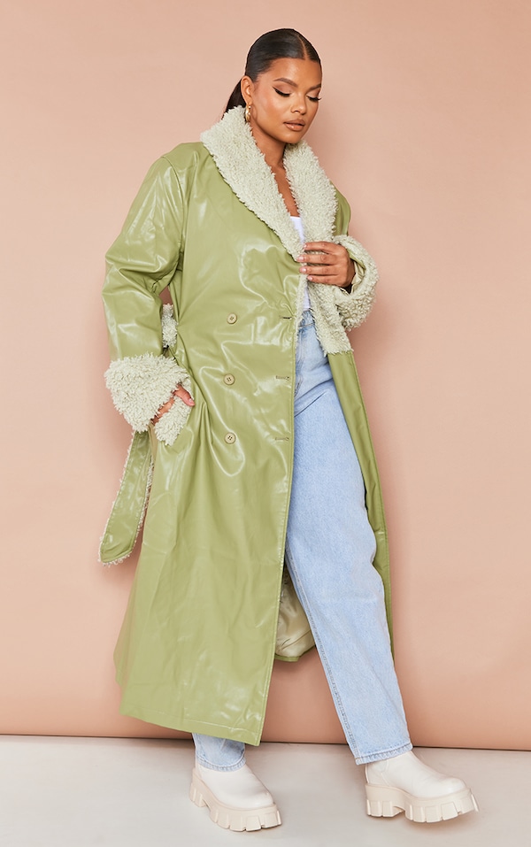 Plus Sage Green PU Curly Borg Trim Maxi Trench | Plus Size ...