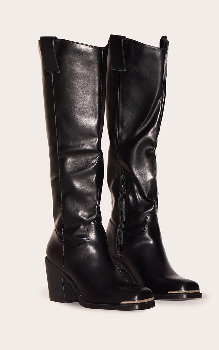 Black Knee High Block Heeled Western Boots | Footwear | PLT