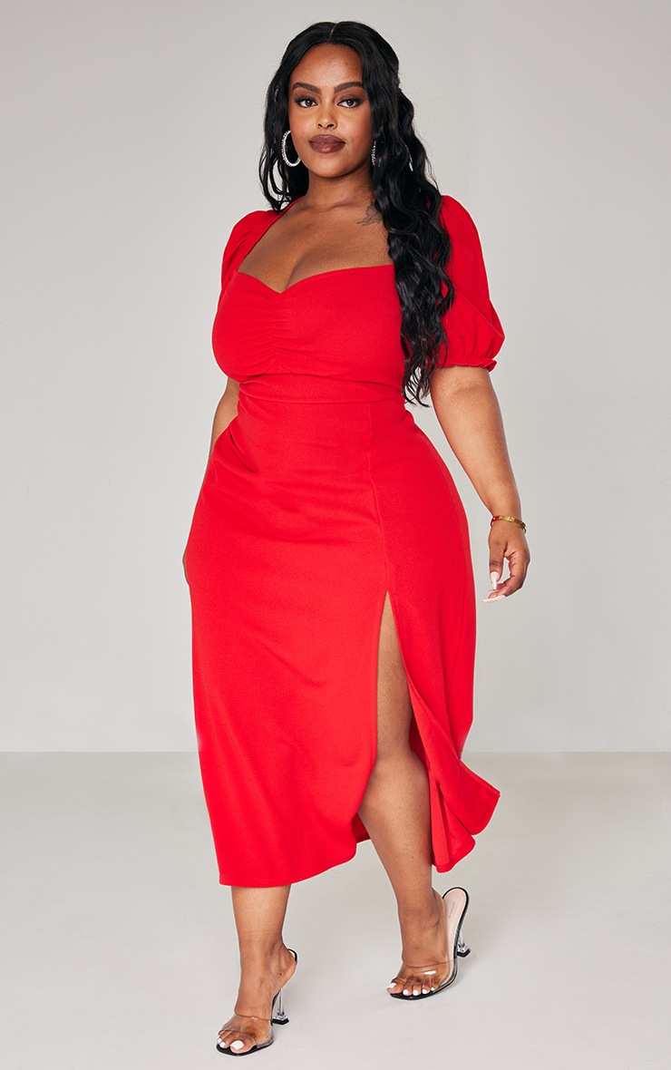 Plus Red Puff Short Sleeve Midi Dress | Plus Size | PrettyLittleThing USA