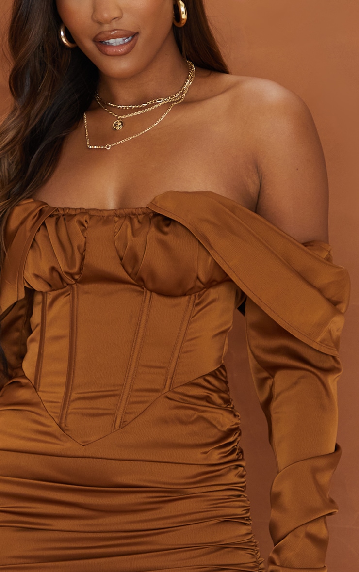 Chocolate Drape Bardot Sleeve Back Bodycon Dress | Dresses | PLT