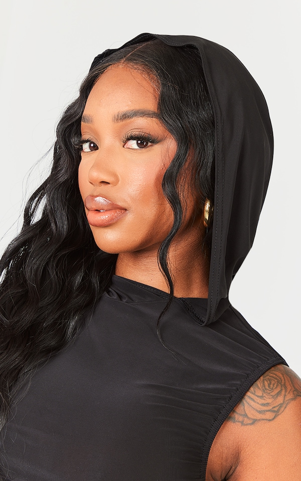 Shape Black Slinky Hooded Ruched Side Top Shape Prettylittlething