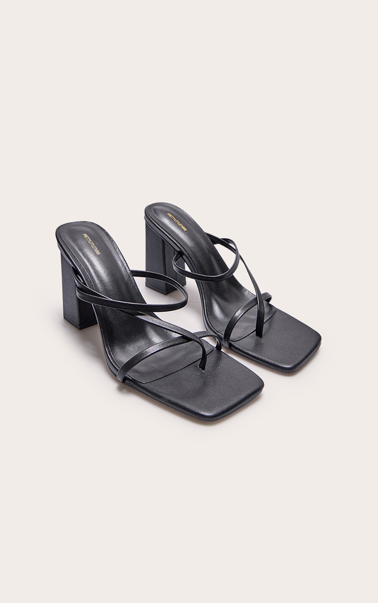 Black PU Toe Loop Strappy Block Heeled Mules | Footwear | PLT