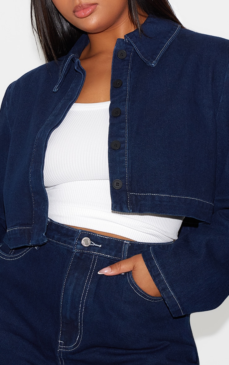 Plus Indigo Cropped Denim Contrast Stitch Jacket | Plus Size | PLT
