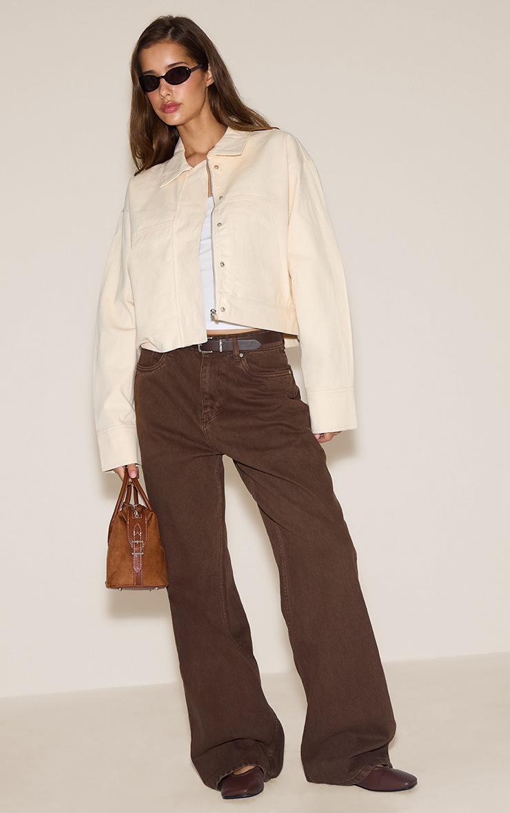 Ecru Covered Placket Cropped Twill Jacket | Denim | PLT