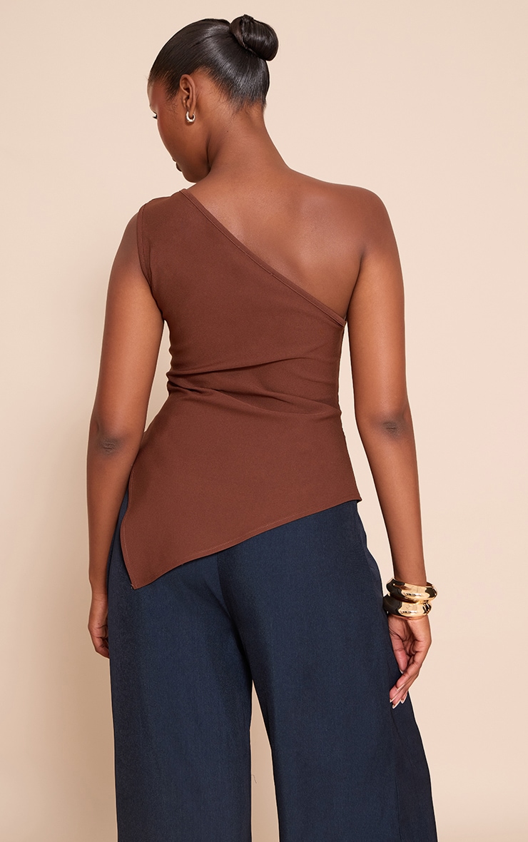 Dark Chocolate Asymmetric One Shoulder Trim Long Top | Tops ...
