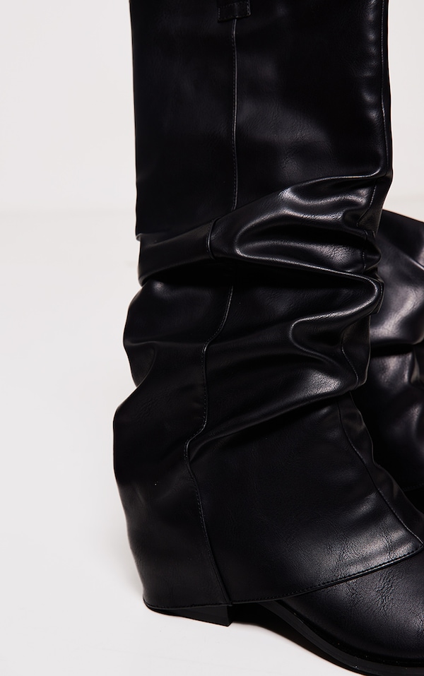 Black Fold Over Heeled Knee Western Boots | Footwear | PrettyLittleThing