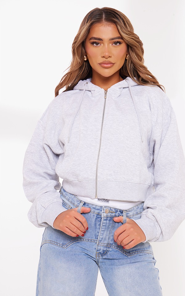 PLT SPORT Ash Grey Oversized Crop Zip Sweatshirt | Athleisure | PLT