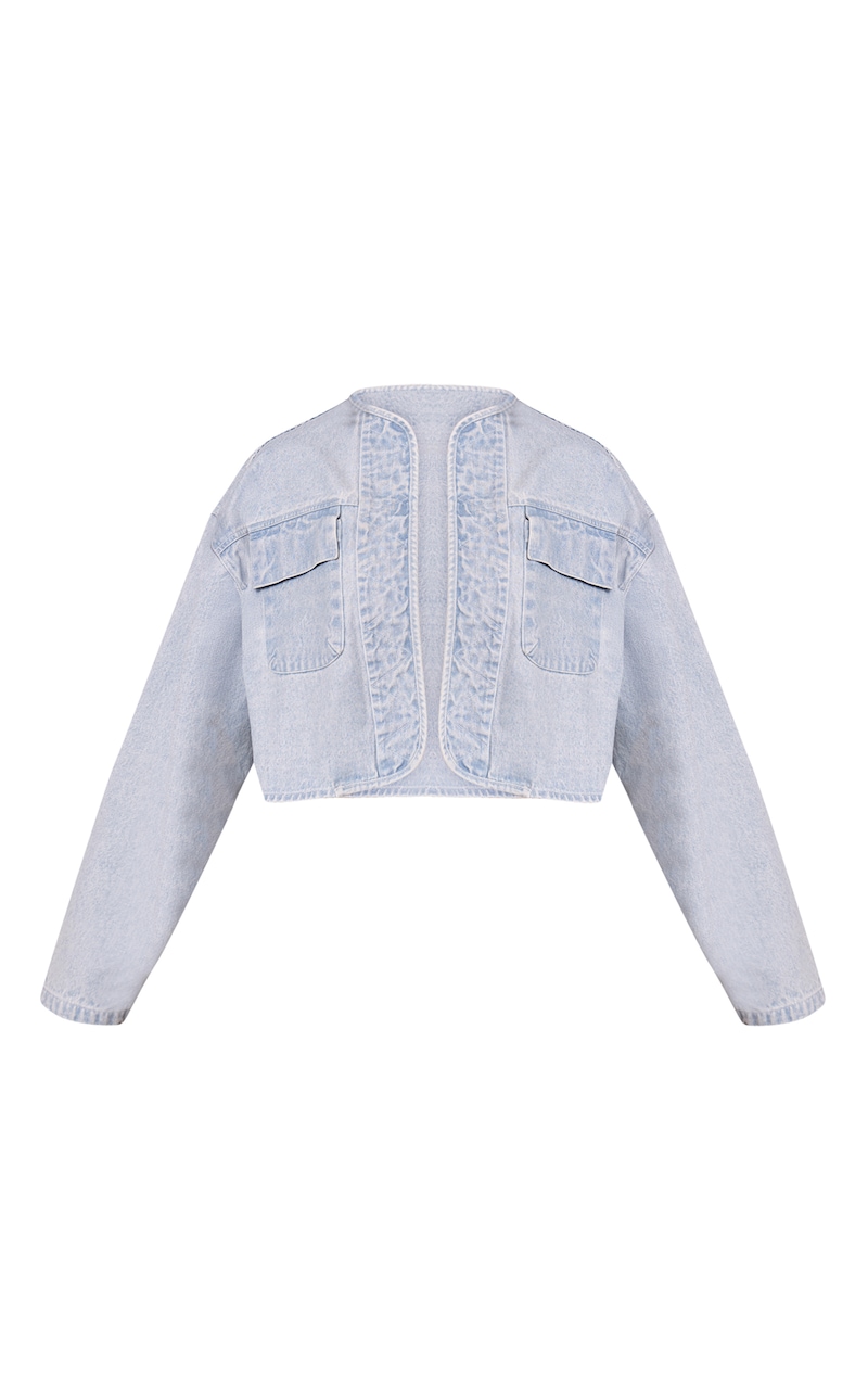 Light Blue Curved Hem Cropped Denim Jacket | Denim | PLT