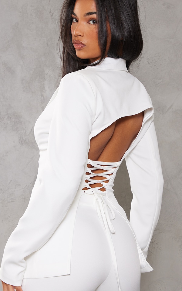 White Fitted Lace Up Back Blazer | Co-ords | PrettyLittleThing USA