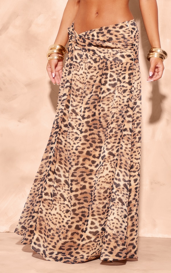 Leopard Print Twist Front Thigh Split Maxi Skirt | Bottoms | PLT